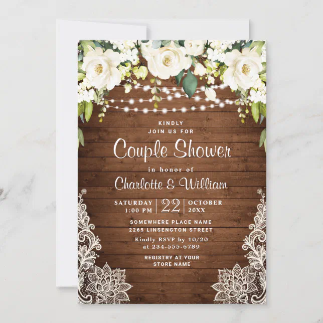 Elegant White Roses Lace Rustic Couple Shower Invitation | Zazzle