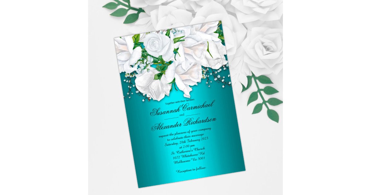 Elegant White Roses on Aqua Wedding Invitation | Zazzle