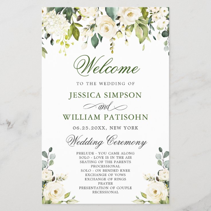 Elegant White Roses Wedding Ceremony Program | Zazzle