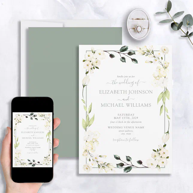 Elegant White Sage Green Floral Botanical Wedding Invitation | Zazzle