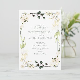 Elegant White Sage Green Floral Botanical Wedding Invitation | Zazzle