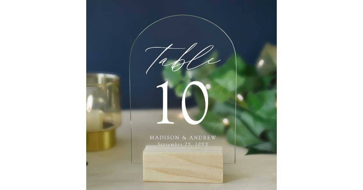 Elegant White Script Acrylic Arch Table Number | Zazzle