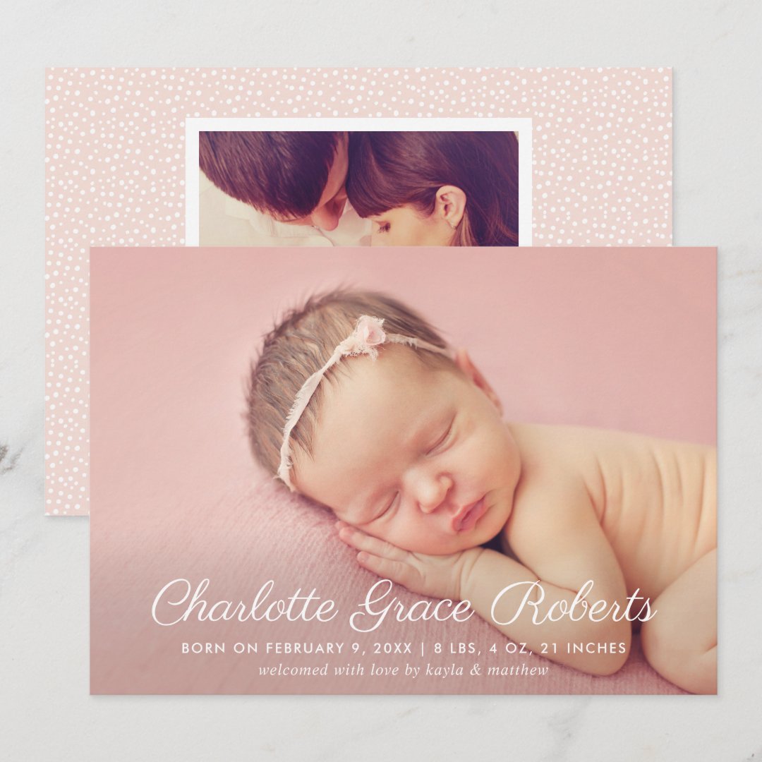Elegant White Script Baby Girl Photo Blush Birth Announcement | Zazzle