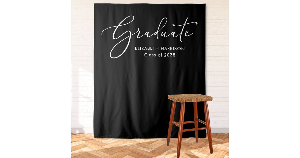Elegant White Script Black Graduation Backdrop | Zazzle