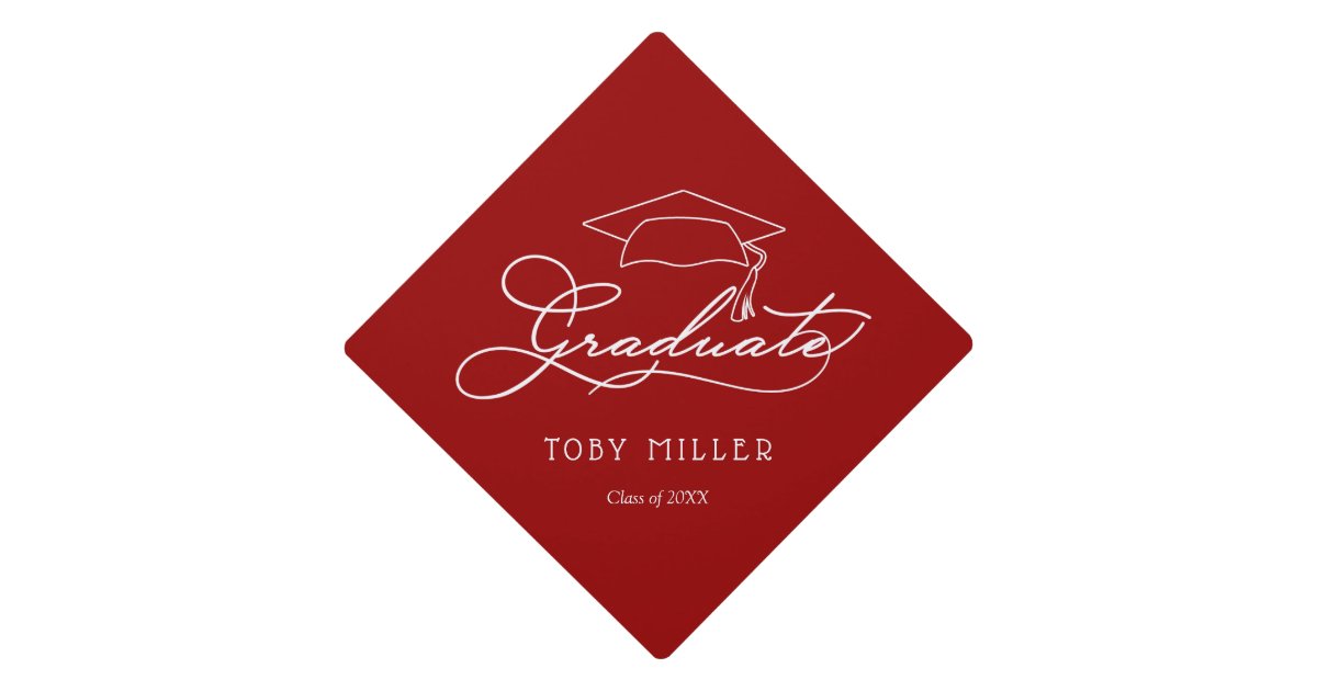 Elegant White Script Graduate Cardinal Red Graduation Cap Topper | Zazzle