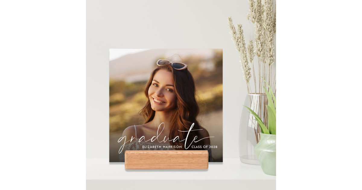 Elegant White Script Overlay Graduation Photo Holder | Zazzle