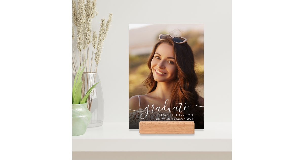 Elegant White Script Overlay Graduation Photo Holder | Zazzle
