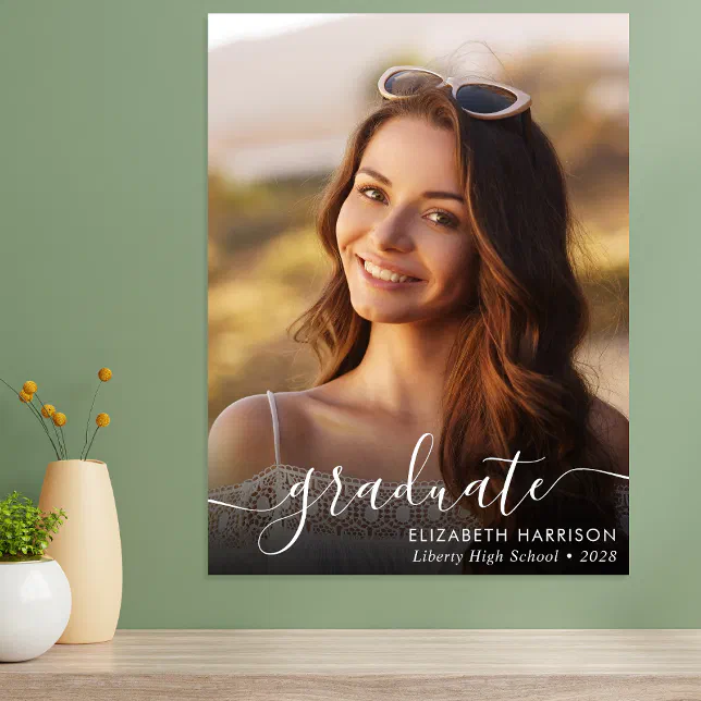 Elegant White Script Photo Overlay Graduate Poster | Zazzle