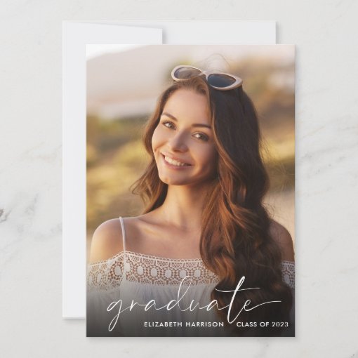 Elegant White Script Photo Overlay Graduation Announcement | Zazzle