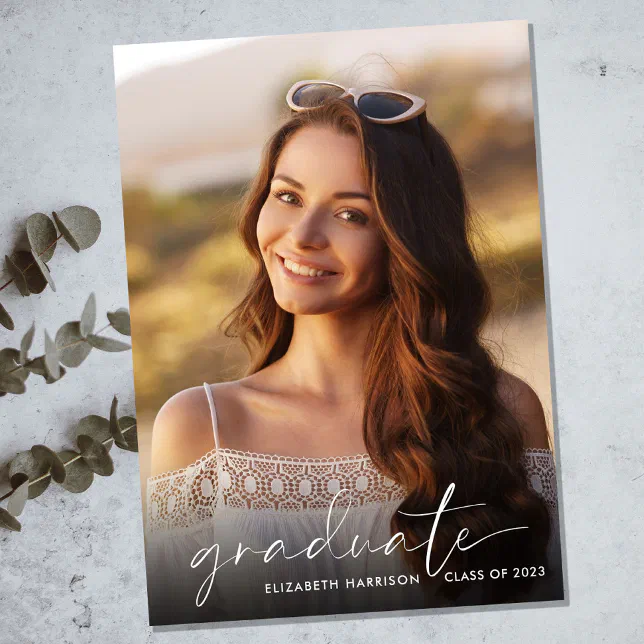 Elegant White Script Photo Overlay Graduation Announcement | Zazzle