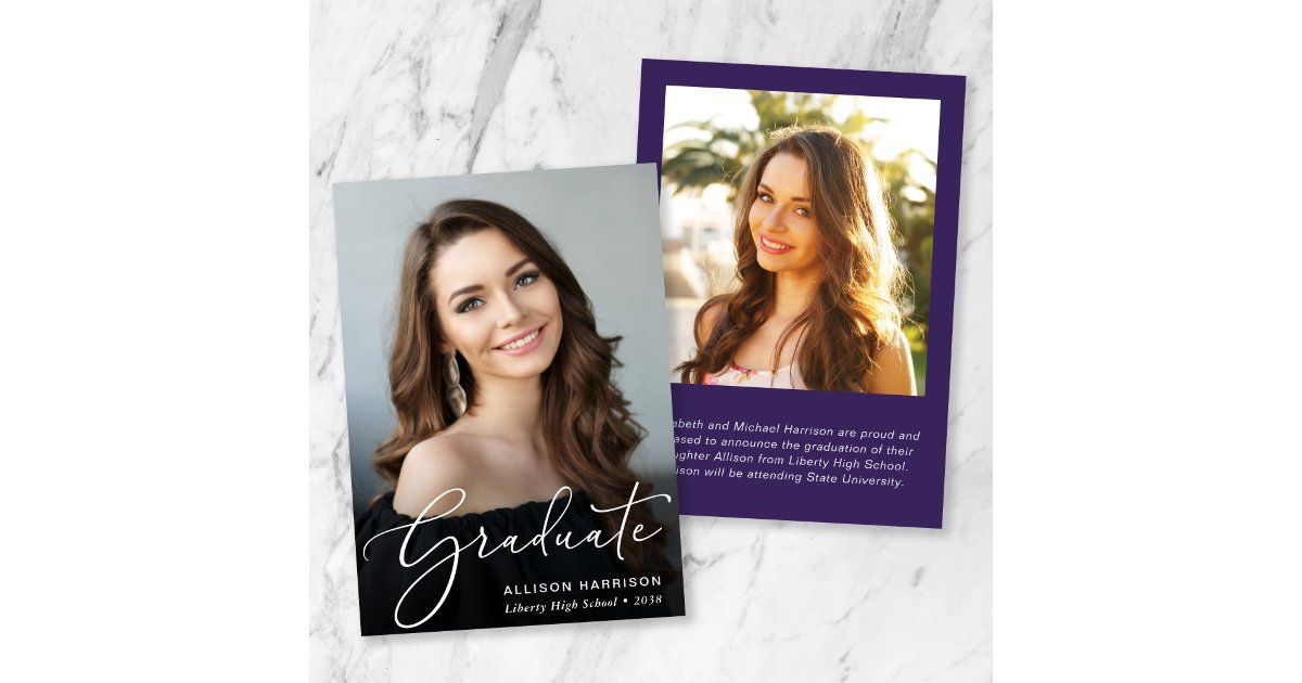 Elegant White Script Photo Purple Graduation Announcement | Zazzle