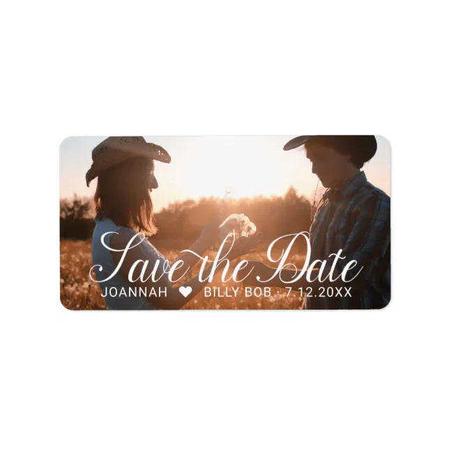 Elegant White Script Photo Wedding Save the Date Label | Zazzle
