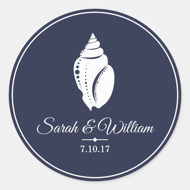 Elegant White Seashell & Navy Blue | Personalized Classic Round Sticker ...