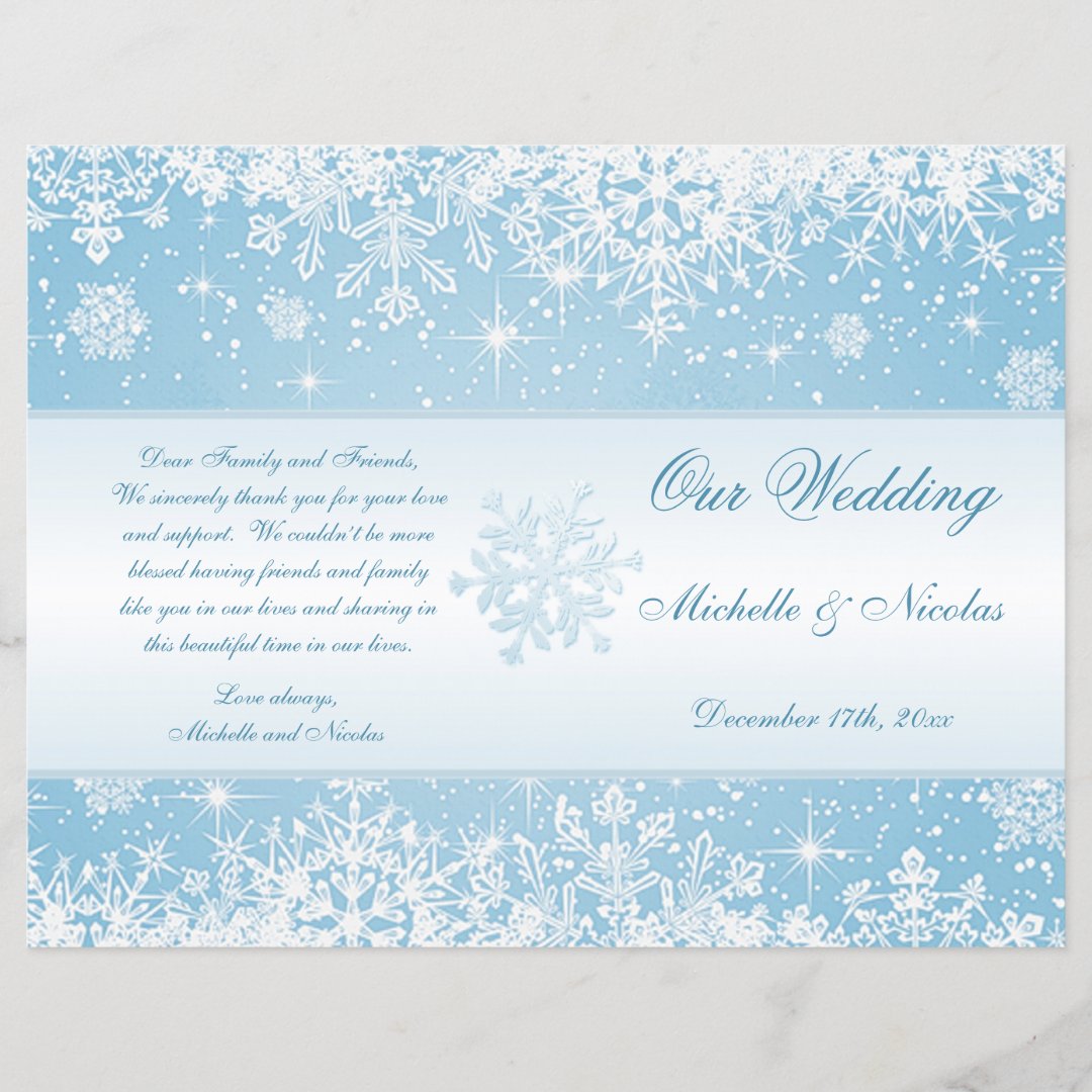 Elegant white snowflakes on blue Wedding Program | Zazzle
