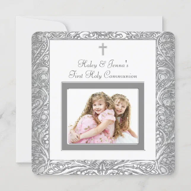Elegant White Twin First Communion Invitation | Zazzle