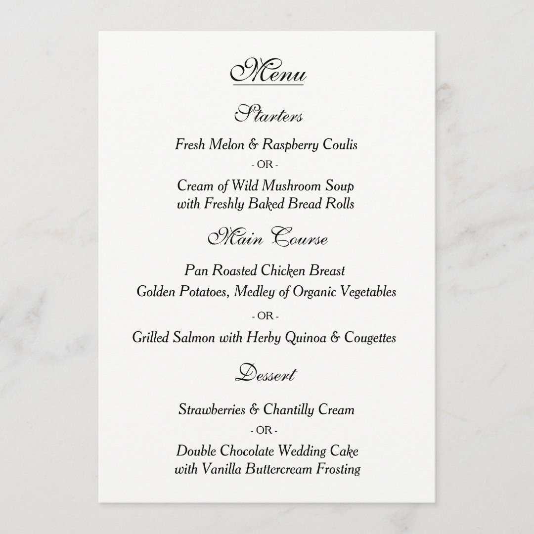 Elegant White Wedding Menu Card | Zazzle