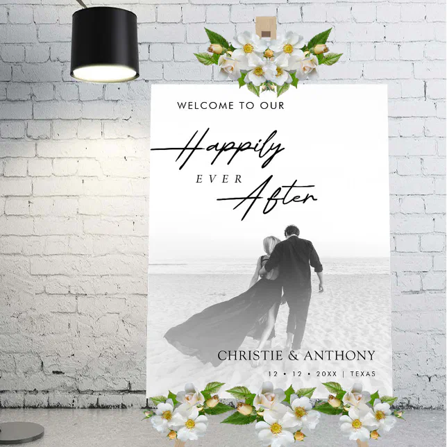 Elegant White Wedding Welcome Sign Custom Photo | Zazzle