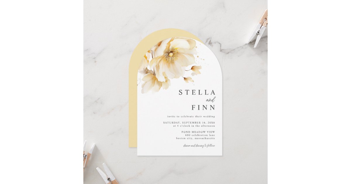 Elegant White Yellow Gold Flowers Details Wedding Invitation | Zazzle