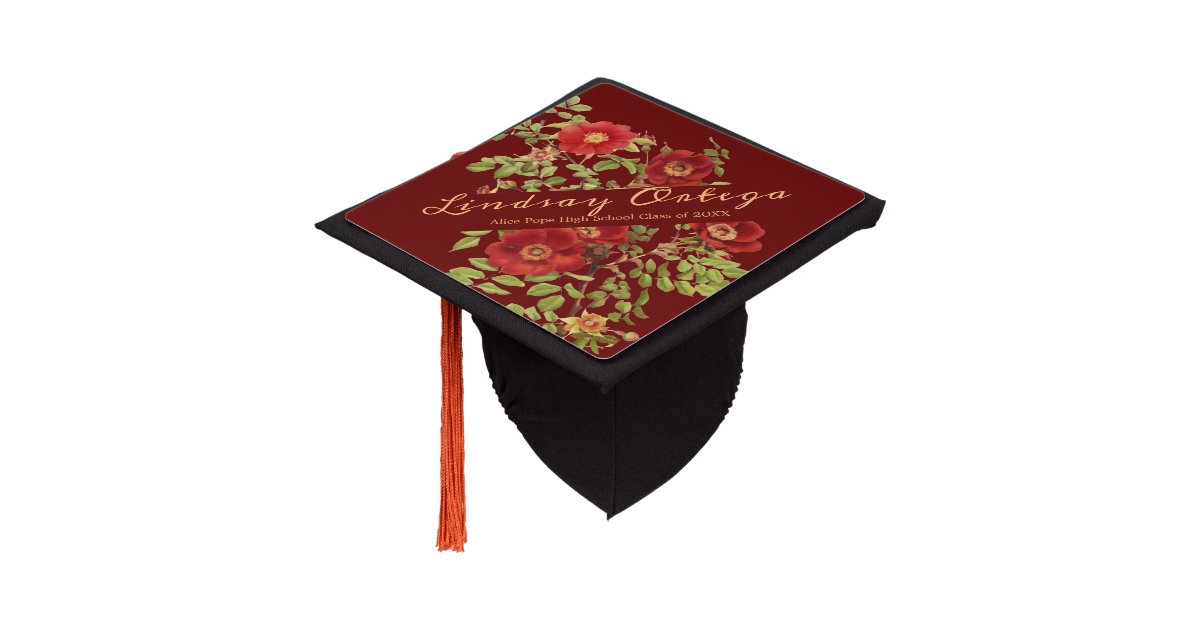 Elegant Wild Roses Script Personalized Crimson Graduation Cap Topper ...