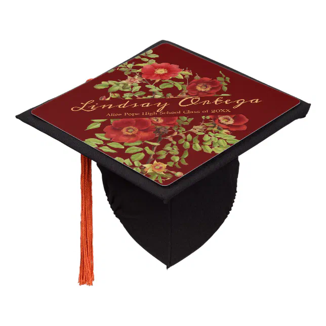 Elegant Wild Roses Script Personalized Crimson Graduation Cap Topper ...