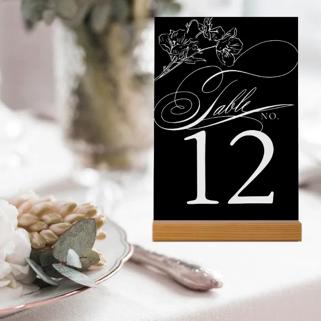 Elegant Wildflower Black and White Wedding Table Number | Zazzle