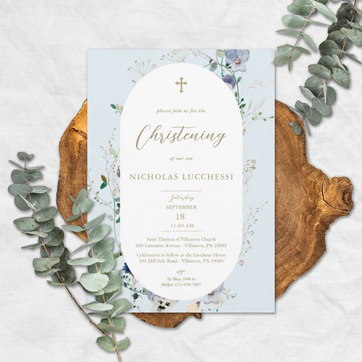 Elegant Wildflower Blue Oval Frame Boy Christening Invitation | Zazzle