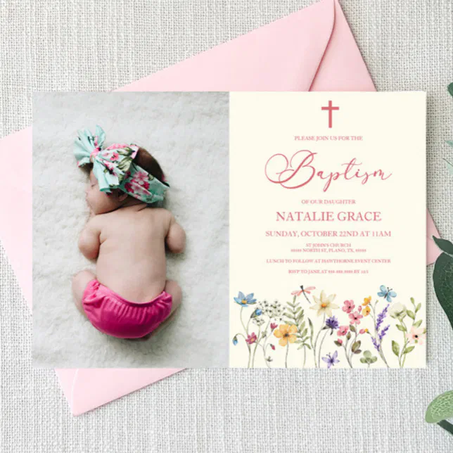 Elegant Wildflower Floral Custom Picture Baptism Invitation | Zazzle