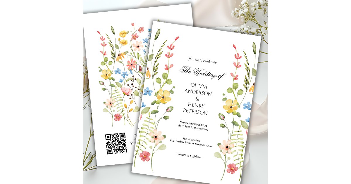 Elegant Wildflower Floral Garden QR Code Wedding Invitation | Zazzle