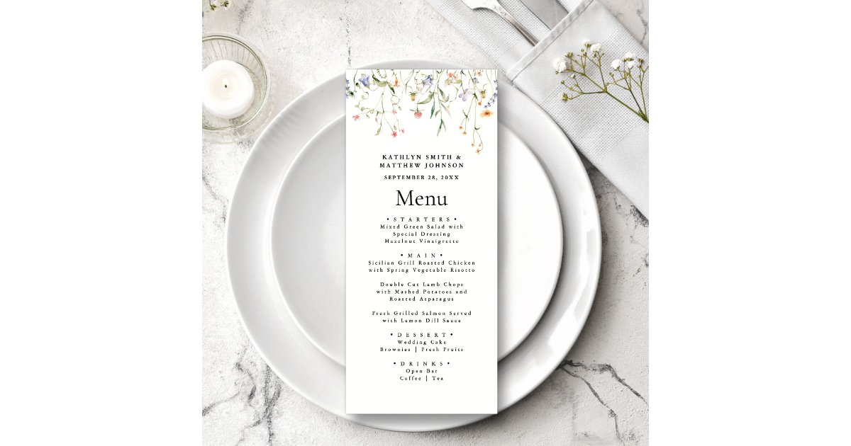 Elegant Wildflower Floral Garden Wedding Menu | Zazzle