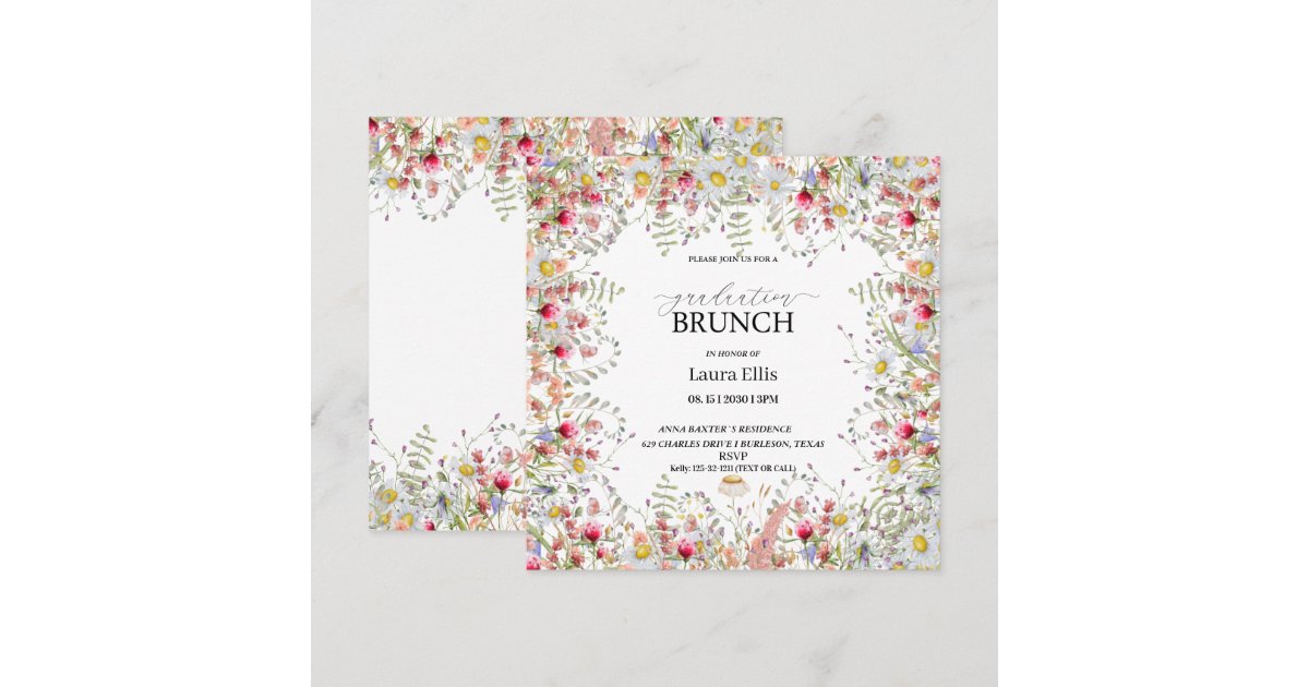Elegant wildflower floral graduation brunch invitation | Zazzle