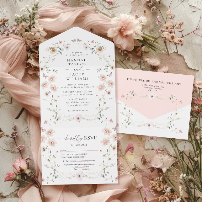 Elegant Wildflower Floral Wedding All In One Invitation | Zazzle