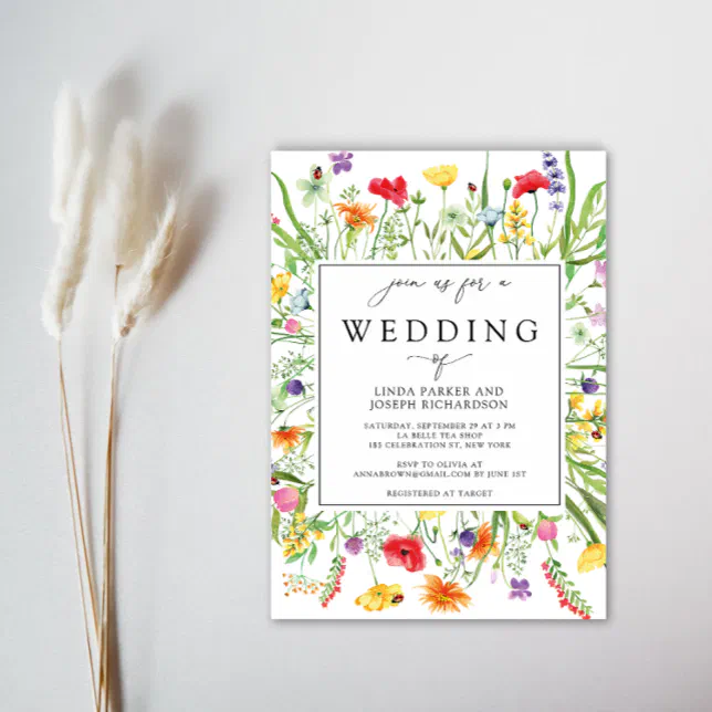 Elegant Wildflower Frame Calligraphy Wedding Invitation | Zazzle
