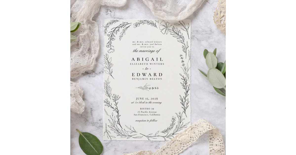 Elegant Wildflower Frame Illustration Wedding Invitation | Zazzle