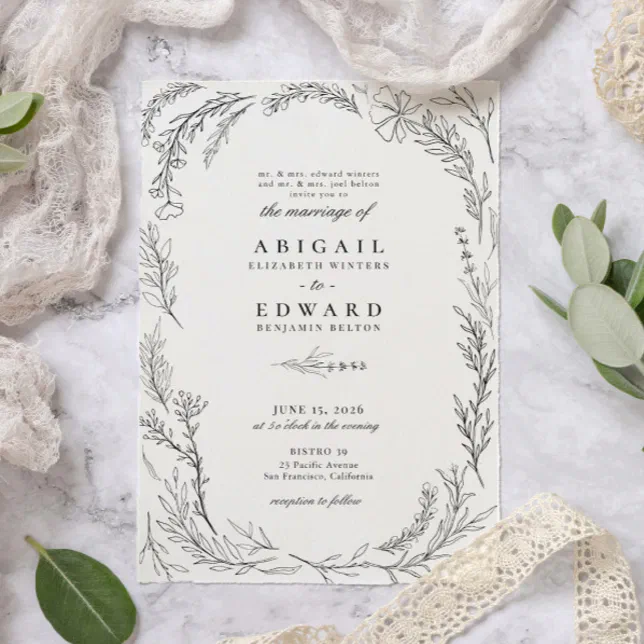 Elegant Wildflower Frame Illustration Wedding Invitation | Zazzle