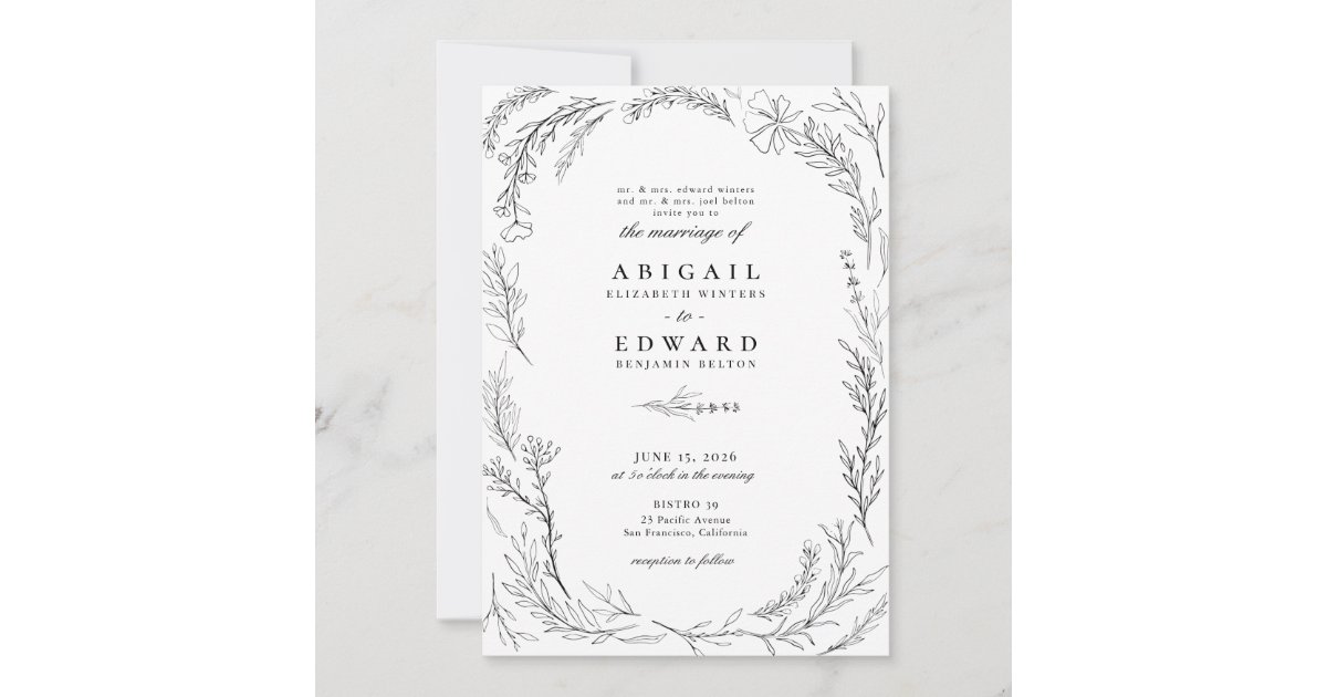 Elegant Wildflower Frame Illustration Wedding Invitation | Zazzle