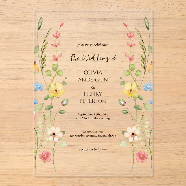 Elegant Wildflower Garden Floral Spring Wedding Acrylic Invitations ...