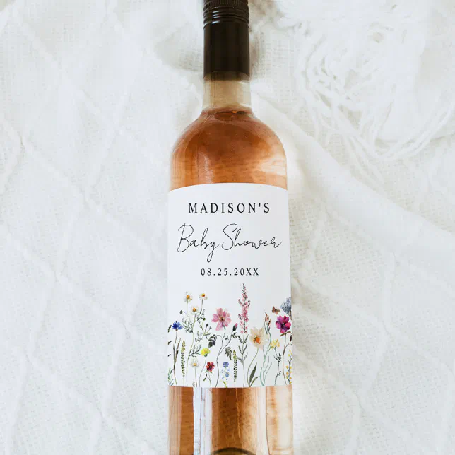 Elegant Wildflower Meadow Baby Shower Wine Label | Zazzle