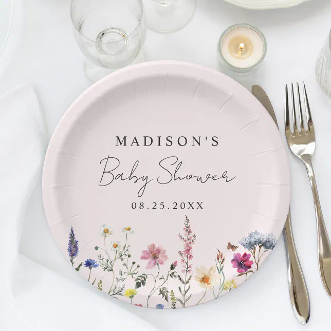 Elegant Wildflower Meadow Blush Pink Baby Shower Paper Plates | Zazzle