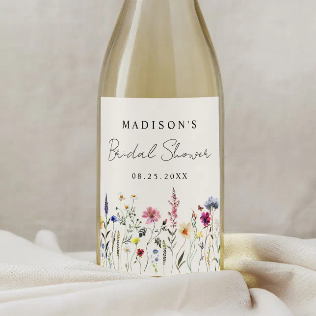 Elegant Wildflower Meadow Cream Bridal Shower Wine Label | Zazzle