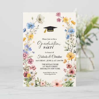 Elegant Wildflower Meadow Garden Twin Graduation Invitation | Zazzle