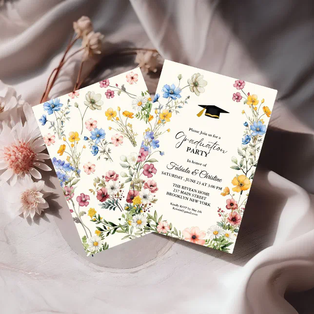 Elegant Wildflower Meadow Garden Twin Graduation Invitation | Zazzle