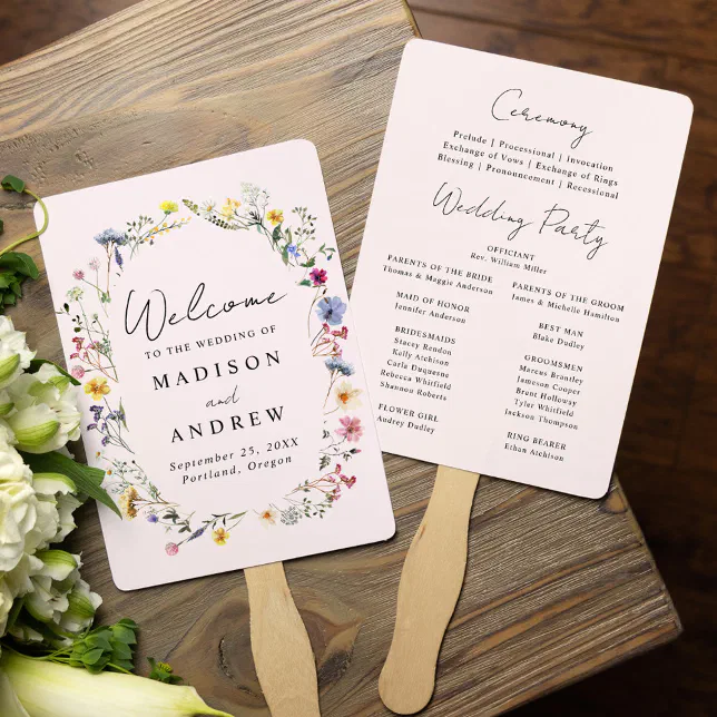 Elegant Wildflower Meadow Pink Wedding Program Hand Fan | Zazzle