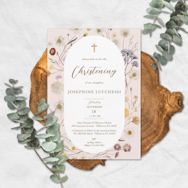 Elegant Wildflower Oval Frame Christening Invitation | Zazzle