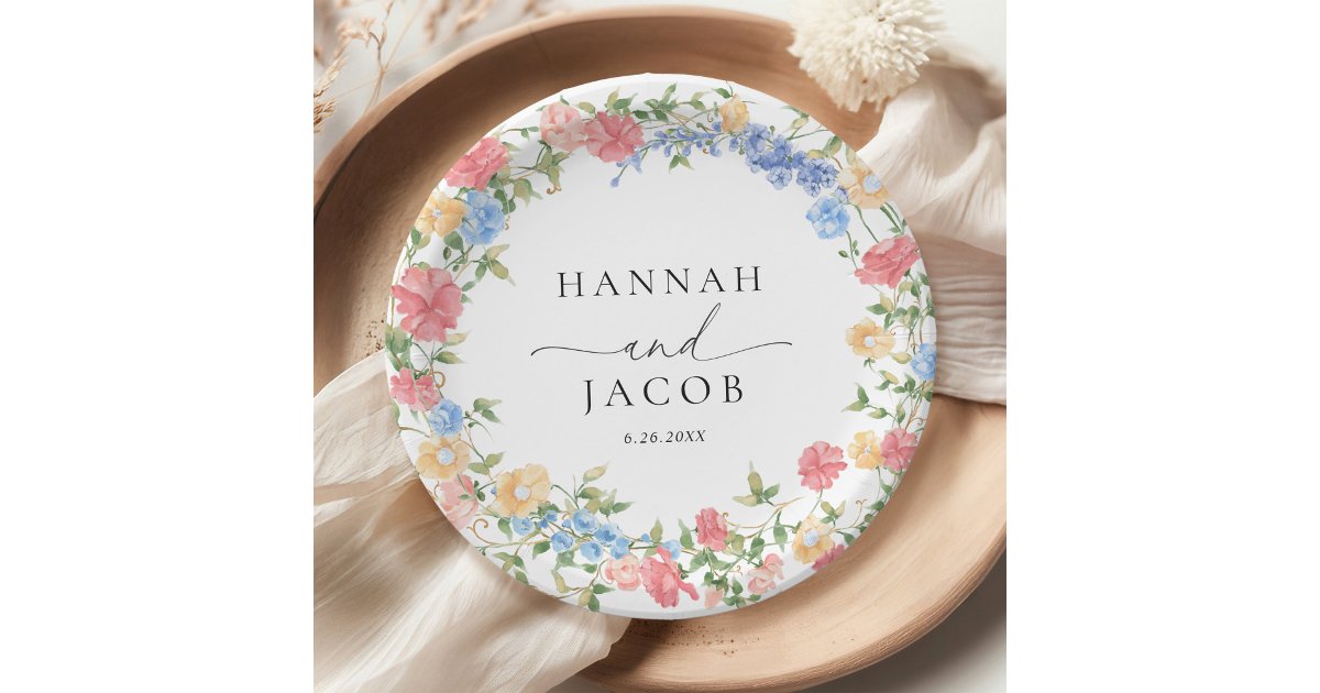 Elegant Wildflower Personalized Wedding Paper Plates | Zazzle