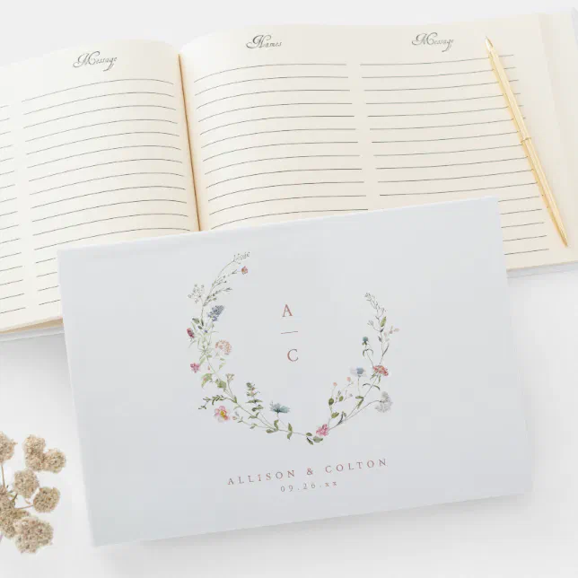 Elegant Wildflower Rustic Boho Wedding Monogram Guest Book | Zazzle
