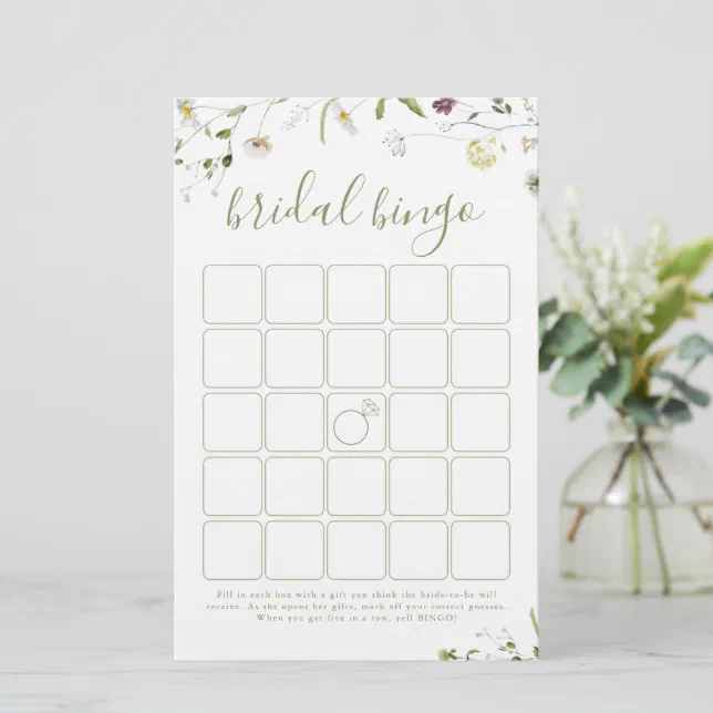 Elegant Wildflower Rustic bridal shower bingo game | Zazzle