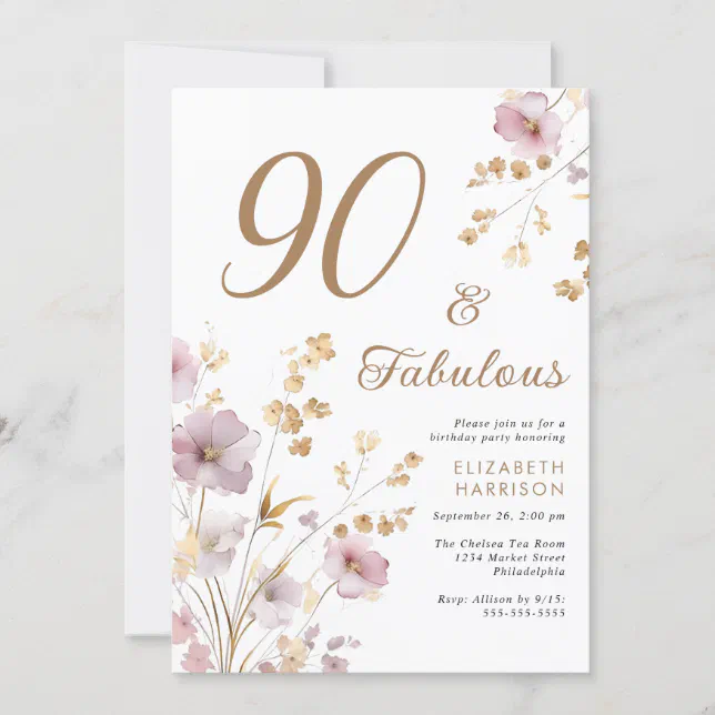 Elegant Wildflower Watercolor 90th Birthday Party Invitation | Zazzle