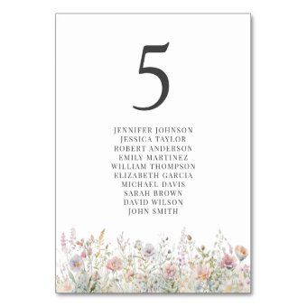 Elegant Wildflowers Floral Watercolor Wedding Table Number | Zazzle