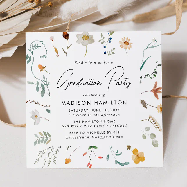 Elegant Wildflowers Square Frame Graduation Party Invitation | Zazzle