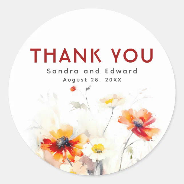 Elegant Wildflowers Thank You Classic Round Sticker | Zazzle